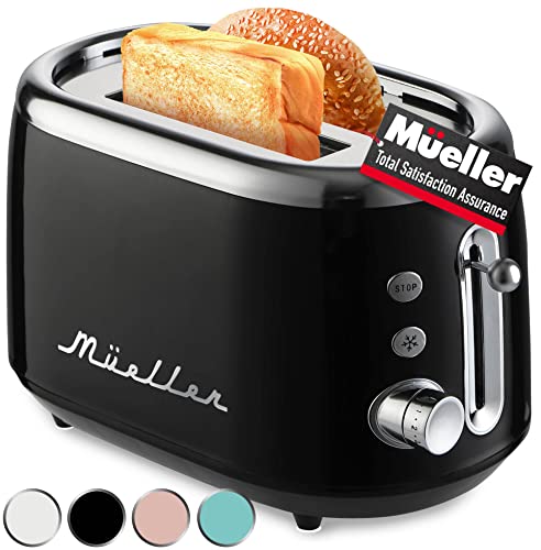 Mueller Retro Toaster 2 Slice with 7 Browning Levels and 3 Functions: Reheat, Defrost & Cancel, Stainless Steel Features, Removable Crumb Tray, Under Base Cord Storage, Black