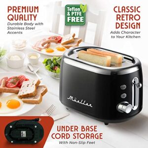 Mueller Retro Toaster 2 Slice with 7 Browning Levels and 3 Functions: Reheat, Defrost & Cancel, Stainless Steel Features, Removable Crumb Tray, Under Base Cord Storage, Black