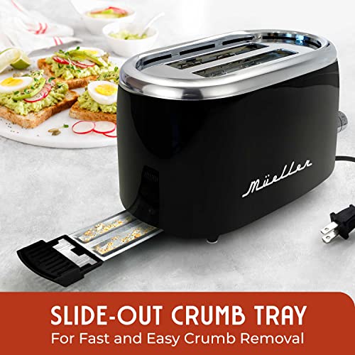 Mueller Retro Toaster 2 Slice with 7 Browning Levels and 3 Functions: Reheat, Defrost & Cancel, Stainless Steel Features, Removable Crumb Tray, Under Base Cord Storage, Black