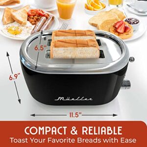 Mueller Retro Toaster 2 Slice with 7 Browning Levels and 3 Functions: Reheat, Defrost & Cancel, Stainless Steel Features, Removable Crumb Tray, Under Base Cord Storage, Black