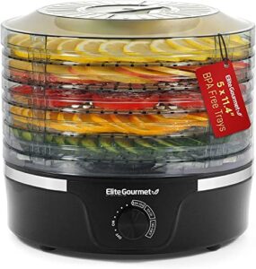 elite gourmet efd319 food dehydrator, 5 bpa-free 11.4" trays adjustable temperature controls, jerky, herbs, fruit, veggies, dried snacks, black