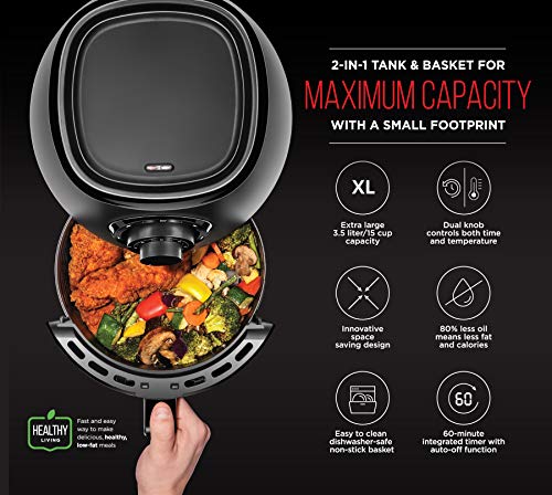 CHEFMAN Small Air Fryer Healthy Cooking, 3.6 Qt, Nonstick, User Friendly and Dual Control Temperature, w/ 60 Minute Timer & Auto Shutoff, Dishwasher Safe Basket, Matte Black, Cookbook Included