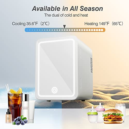 Easy-Take Skincare Fridge - Mini Fridge with Dimmable LED Mirror (4 Liter/6 Can), Cooler and Warmer, for Refrigerating Makeup, Skincare and Food, Mini Fridge for Bedroom, Office and Car, White