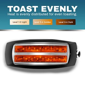 Elite Gourmet ECT4829B Long Slot 4 Slice Toaster, 6 Toast Settings Toaster Defrost, Reheat, Cancel Functions, Slide Out Crumb Tray, Extra Wide Slots for Bagels Waffles, Black