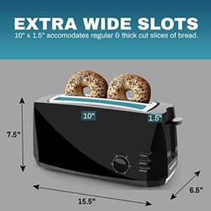 Elite Gourmet ECT4829B Long Slot 4 Slice Toaster, 6 Toast Settings Toaster Defrost, Reheat, Cancel Functions, Slide Out Crumb Tray, Extra Wide Slots for Bagels Waffles, Black