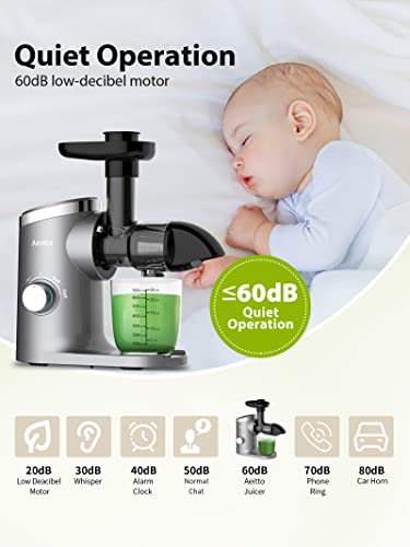 Slow Masticating Juicer, Aeitto Cold Press Jucier Machines, with Triple Modes,Reverse Function & Quiet Motor, Easy to Clean with Brush, Recipe for Vegetables And Fruits, Grey