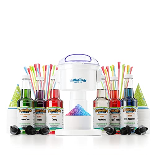 Hawaiian Shaved Ice S700 Snow Cone Machine Kit with 6 - 16oz. Syrups: Cherry, Grape, Blue Raspberry, Tiger’s Blood, Lemon-Lime, Pina Colada, 25 Snow Cone Cups, 25 Spoon Straws, and 6 Pouring Spouts