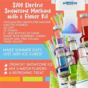 Hawaiian Shaved Ice S700 Snow Cone Machine Kit with 6 - 16oz. Syrups: Cherry, Grape, Blue Raspberry, Tiger’s Blood, Lemon-Lime, Pina Colada, 25 Snow Cone Cups, 25 Spoon Straws, and 6 Pouring Spouts