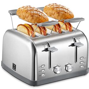 toaster 4 slice, extra wide slots, stainless steel with high lift lever, bagel and muffin function, removal crumb tray, 7-shade settings with warming rack, silver, yabano