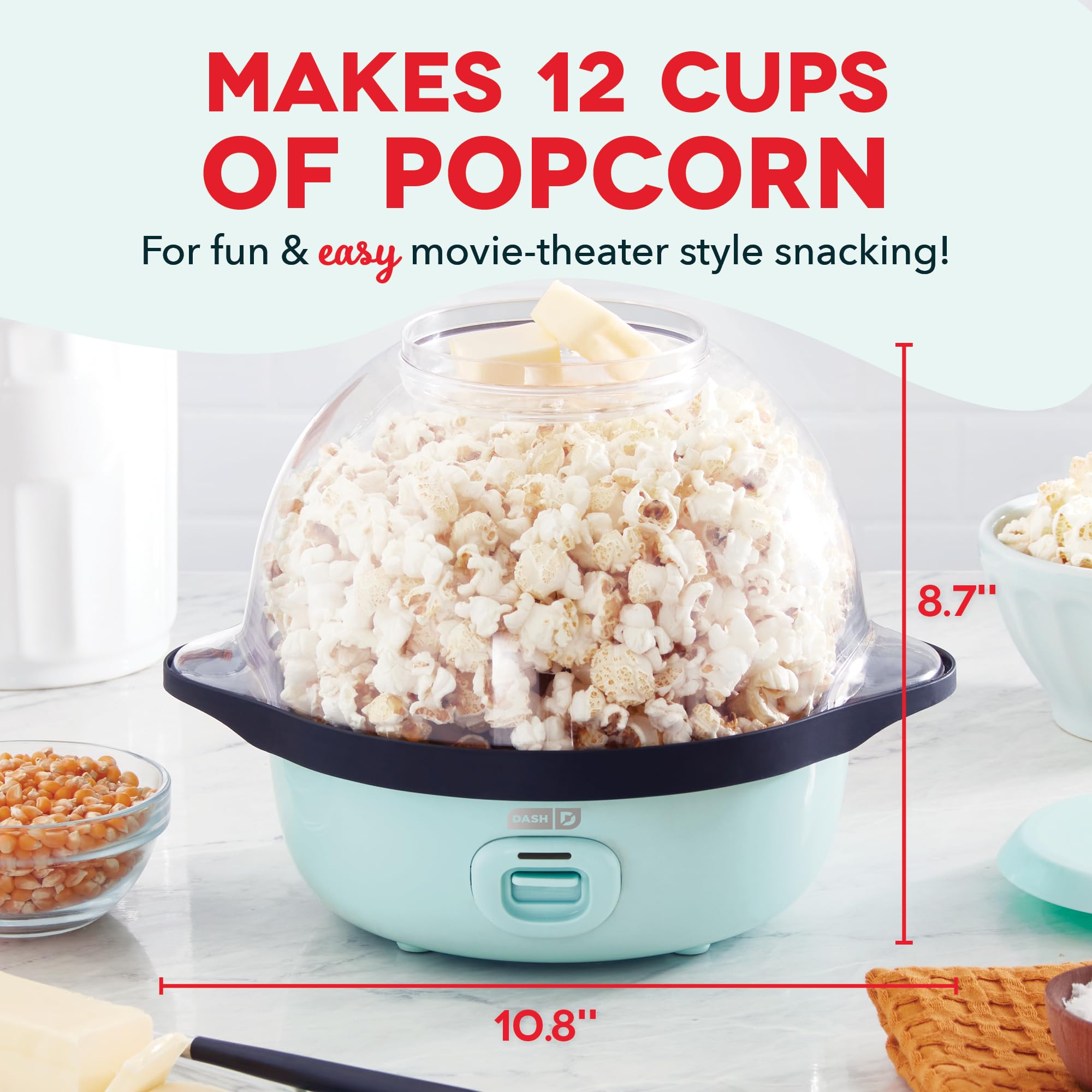 DASH SmartStore™ Stirring Popcorn Maker, 3QT Hot Oil Electric Popcorn Machine with Clear Bowl, 12 Cups - Aqua