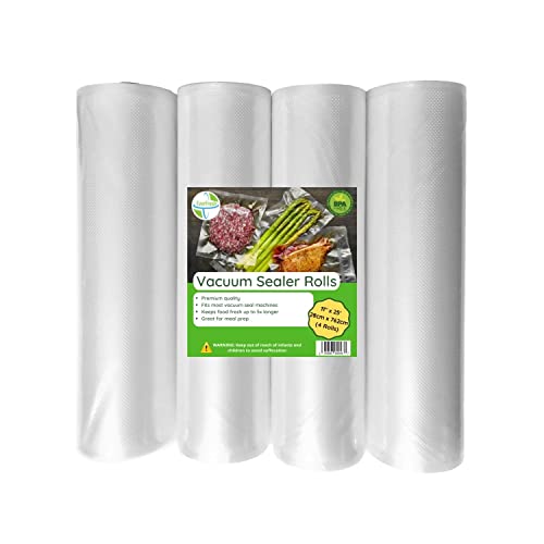 EverFresh 4 x 11" x 25' (Total 100 feet) Vacuum Sealer Rolls-Vacuum Sealer Bags-Vacuum Sealer Machine-Food Sealer Bag-Rolls Compatible with FoodSaver Machines-Sous Vide Bags-Freezer Bags-4 Pack-BPA Free Food Bags-15% thicker embossing than leading supplie