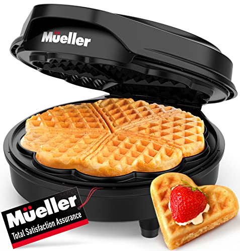 Mueller WaffleWiz Waffle Iron ,Non-Stick Cooking Plates, 5 Waffles at Once, Compact and Easy to Clean Mini Heart Waffle Maker, 900W, Black