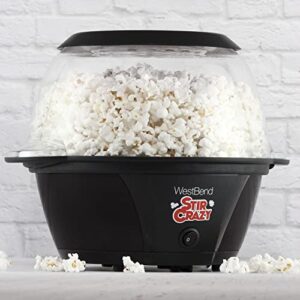 West Bend 82707B Stir Crazy Hot Oil Popcorn Popper, Popcorn Maker Machine with Large Serving Bowl Lid and Stirring Rod, 6 Qt, Black