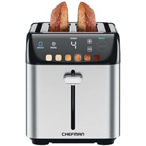 chefman smart touch 2 slice digital toaster, 6 shade settings, stainless steel toaster 2 slice with extra-wide slots, thick bread toaster and bagel toaster, +10, defrost, removable crumb tray