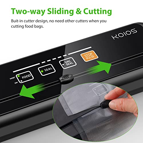 KOIOS Vacuum Sealer Machine, 86Kpa Automatic Vacuum Air food sealer/Built-in Cutter Starter Kit, Dry & Moist Food Preservation Modes, Pulse Function, LED Indicator Lights, Black