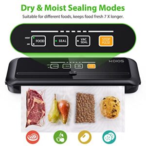 KOIOS Vacuum Sealer Machine, 86Kpa Automatic Vacuum Air food sealer/Built-in Cutter Starter Kit, Dry & Moist Food Preservation Modes, Pulse Function, LED Indicator Lights, Black