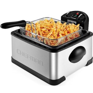 chefman 4.5 liter deep fryer w/basket strainer, xl jumbo size, adjustable temperature & timer, perfect for fried chicken, shrimp, french fries, chips & more, removable oil-container, stainless steel