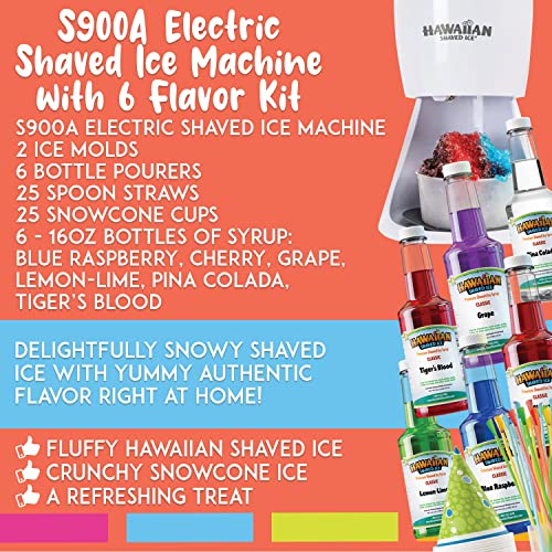 Hawaiian Shaved Ice S900A Shaved Ice and Snow Cone Machine with 6 Flavor Syrup Pack and Accessories