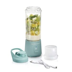 hamilton beach mini cordless portable personal blender for shakes and smoothies, usb rechargeable, 16 oz. jar with leakproof travel lid, 6 stainless steel blades, blue (51182)