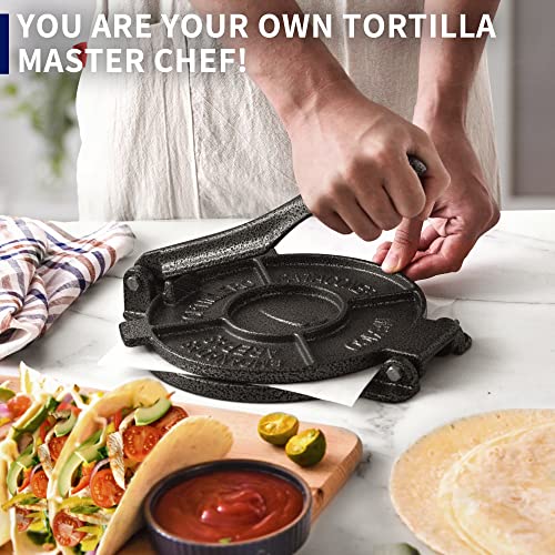 ARC Tortilla Press 8 inch Include 100 Pcs Parchment Paper, Cast Iron Tortilla Maker, Heavy Duty Tortillera Pataconera, Flour Tortilla Press, Roti Maker, Taco Maker, Taco Press, Black Gray