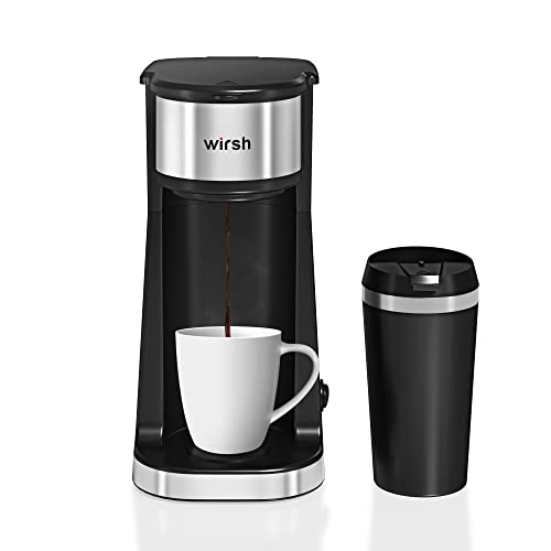 wirsh Single Serve Coffee Maker-Small Travel Coffee Maker with 14 oz.Travel Mug,Single Cup Coffee maker with Reusable Coffee Filter,Non-Pod Coffee Maker,Black