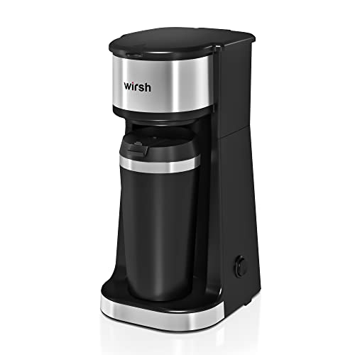 wirsh Single Serve Coffee Maker-Small Travel Coffee Maker with 14 oz.Travel Mug,Single Cup Coffee maker with Reusable Coffee Filter,Non-Pod Coffee Maker,Black