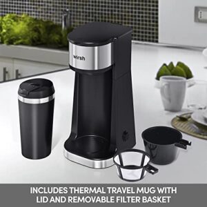 wirsh Single Serve Coffee Maker-Small Travel Coffee Maker with 14 oz.Travel Mug,Single Cup Coffee maker with Reusable Coffee Filter,Non-Pod Coffee Maker,Black