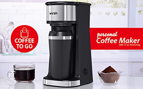 wirsh Single Serve Coffee Maker-Small Travel Coffee Maker with 14 oz.Travel Mug,Single Cup Coffee maker with Reusable Coffee Filter,Non-Pod Coffee Maker,Black