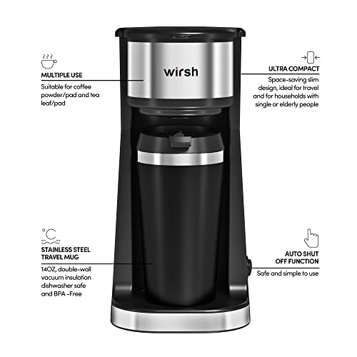 wirsh Single Serve Coffee Maker-Small Travel Coffee Maker with 14 oz.Travel Mug,Single Cup Coffee maker with Reusable Coffee Filter,Non-Pod Coffee Maker,Black