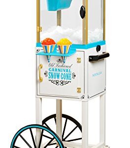 Nostalgia Snow Cone Shaved Ice Machine - Retro Cart Slushie Machine Makes 48 Icy Treats - Includes Metal Scoop, Storage Compartment, Wheels for Easy Mobility - White, Blue