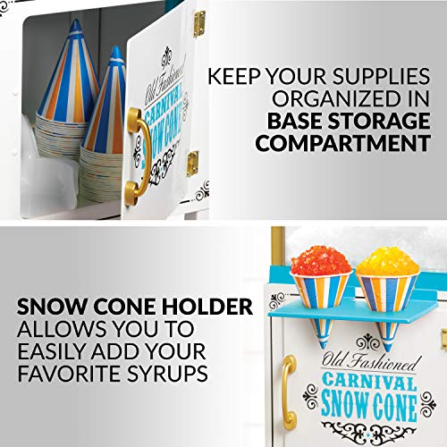 Nostalgia Snow Cone Shaved Ice Machine - Retro Cart Slushie Machine Makes 48 Icy Treats - Includes Metal Scoop, Storage Compartment, Wheels for Easy Mobility - White, Blue