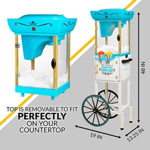 Nostalgia Snow Cone Shaved Ice Machine - Retro Cart Slushie Machine Makes 48 Icy Treats - Includes Metal Scoop, Storage Compartment, Wheels for Easy Mobility - White, Blue