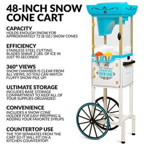 Nostalgia Snow Cone Shaved Ice Machine - Retro Cart Slushie Machine Makes 48 Icy Treats - Includes Metal Scoop, Storage Compartment, Wheels for Easy Mobility - White, Blue