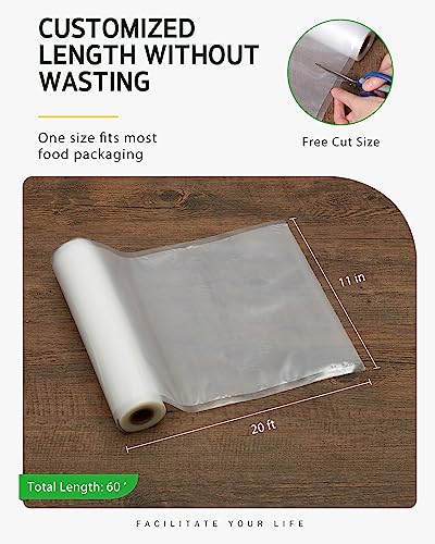 Syntus Vacuum Sealer Bags for Food,3 Rolls 11" x 20' Commercial Grade Bag Rolls, Food Vac Bags for Storage, Meal Prep or Sous Vide