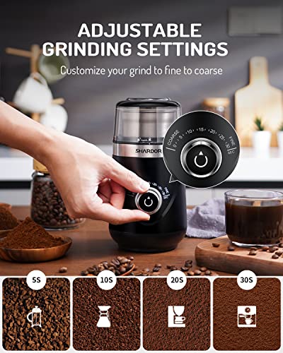 SHARDOR Adjustable Coffee Grinder Electric, Herb, Spice Grinder, Coffee Bean, Espresso Grinder with 2 Removable Stainless Steel Bowl, Black