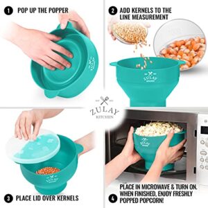 Zulay Kitchen Large Microwave Popcorn Maker - Silicone Popcorn Popper Microwave Collapsible Bowl With Lid - Family Size Microwave Popcorn Bowl - 15 Popcorn Cup Capacity (Aqua)