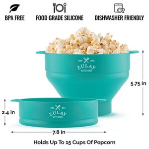 Zulay Kitchen Large Microwave Popcorn Maker - Silicone Popcorn Popper Microwave Collapsible Bowl With Lid - Family Size Microwave Popcorn Bowl - 15 Popcorn Cup Capacity (Aqua)