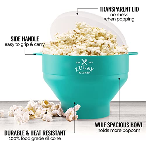 Zulay Kitchen Large Microwave Popcorn Maker - Silicone Popcorn Popper Microwave Collapsible Bowl With Lid - Family Size Microwave Popcorn Bowl - 15 Popcorn Cup Capacity (Aqua)