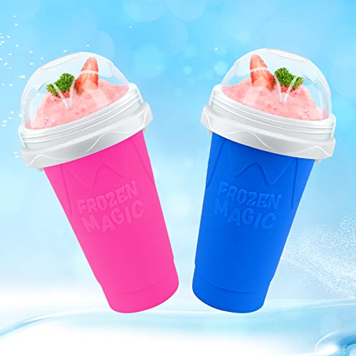 2 Pack Slushie Maker Cup, TIK TOK Frozen Magic Smoothies Cup, Double Layers Silica Cup, DIY Homemade Slushies, Cooling Maker Cup, Freeze Mug Tools, Portable Squeeze Icy Cup for Milkshake(Blue+Pink)