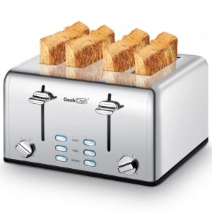 toaster 4 slice, geek chef stainless steel toaster with extra wide slots, 4 slot toaster with bagel/defrost/cancel function, dual control panel of 6 toasting bread shade settings, removable crumb trays, high lift lever, etl