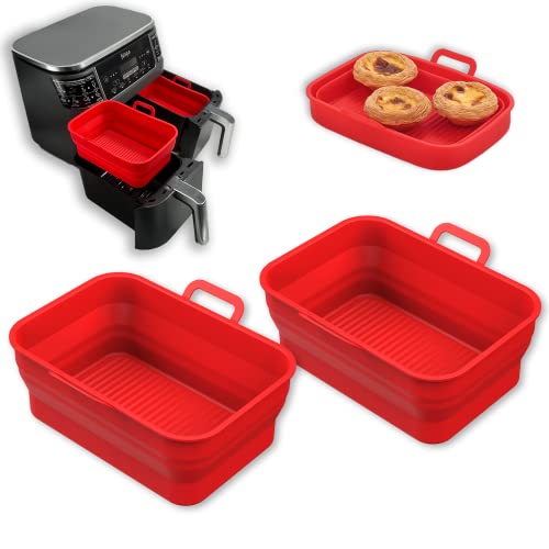 Vangerute Collapsible 2-Pack Air Fryer Silicone Liners for 8QT & 10QT NINJA Foodi Dual Air Fryer,Rectangular Air Fryer Silicone Pot, Reusable Silicone Air Fryer Basket for Air Fryer Accessories(Red)