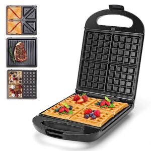 sandwich maker 3 in 1, taylor swoden 4 slice waffle maker 1200w panini press grill with non-stick plates, double-sided heating, indicator lights, cool touch handle, easy to use & clean, black