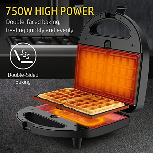 OSTBA 3 in 1 Sandwich Maker Panini Press Waffle Iron Set with 3 Removable Non-Stick Plates, 750W Toaster Perfect for Sandwiches Grilled Cheese Steak, Black