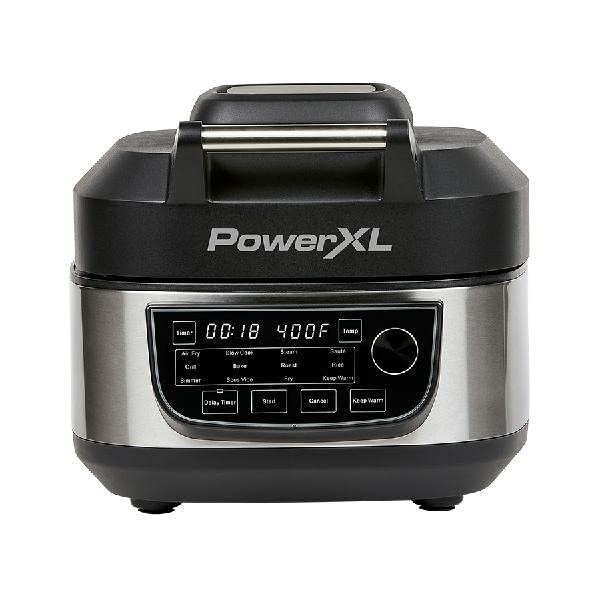 PowerXL Grill Air Fryer Combo Plus 6 QT 12-in-1 Indoor Grill, Air Fryer, Slow Cooker, Roast, Bake, 1550-Watts, Stainless Steel Finish