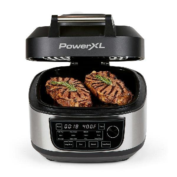 PowerXL Grill Air Fryer Combo Plus 6 QT 12-in-1 Indoor Grill, Air Fryer, Slow Cooker, Roast, Bake, 1550-Watts, Stainless Steel Finish