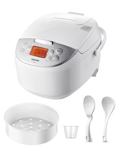 toshiba rice cooker 6 cup uncooked – japanese rice cooker with fuzzy logic technology, 7 cooking functions, digital display, 2 delay timers and auto keep warm, non-stick inner pot, white