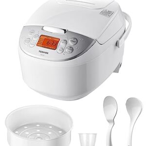 Toshiba Rice Cooker 6 Cup Uncooked – Japanese Rice Cooker with Fuzzy Logic Technology, 7 Cooking Functions, Digital Display, 2 Delay Timers and Auto Keep Warm, Non-Stick Inner Pot, White