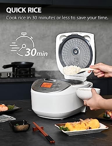 Toshiba Rice Cooker 6 Cup Uncooked – Japanese Rice Cooker with Fuzzy Logic Technology, 7 Cooking Functions, Digital Display, 2 Delay Timers and Auto Keep Warm, Non-Stick Inner Pot, White