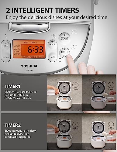 Toshiba Rice Cooker 6 Cup Uncooked – Japanese Rice Cooker with Fuzzy Logic Technology, 7 Cooking Functions, Digital Display, 2 Delay Timers and Auto Keep Warm, Non-Stick Inner Pot, White