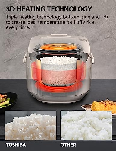 Toshiba Rice Cooker 6 Cup Uncooked – Japanese Rice Cooker with Fuzzy Logic Technology, 7 Cooking Functions, Digital Display, 2 Delay Timers and Auto Keep Warm, Non-Stick Inner Pot, White